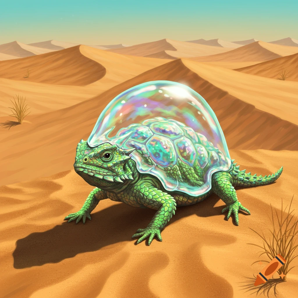 A green lizard-turtle creature with a translucent bubble shell walks in ...