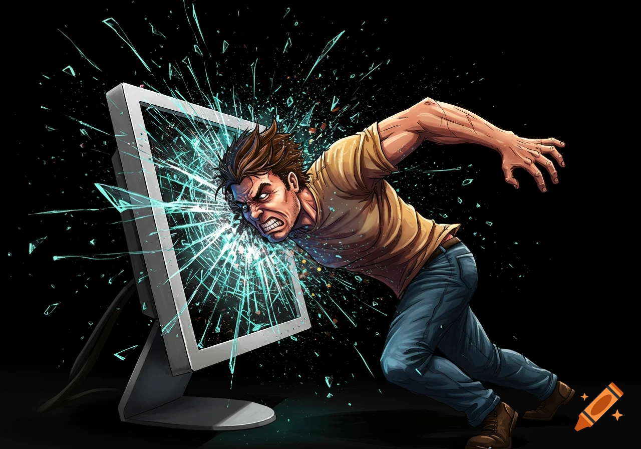 Comic-style illustration of an angry man breaking a computer monitor ...