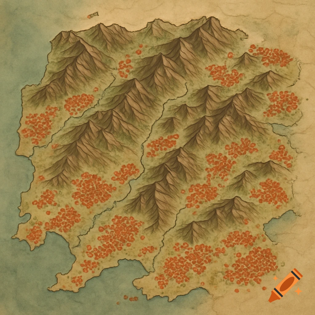 Hand-drawn fantasy map showing mountains, coastline, and clusters of ...