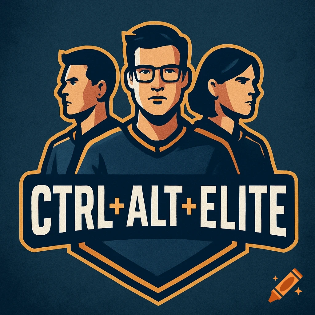 Logo for Ctrl+Alt+Elite team with three stylized figures. on Craiyon
