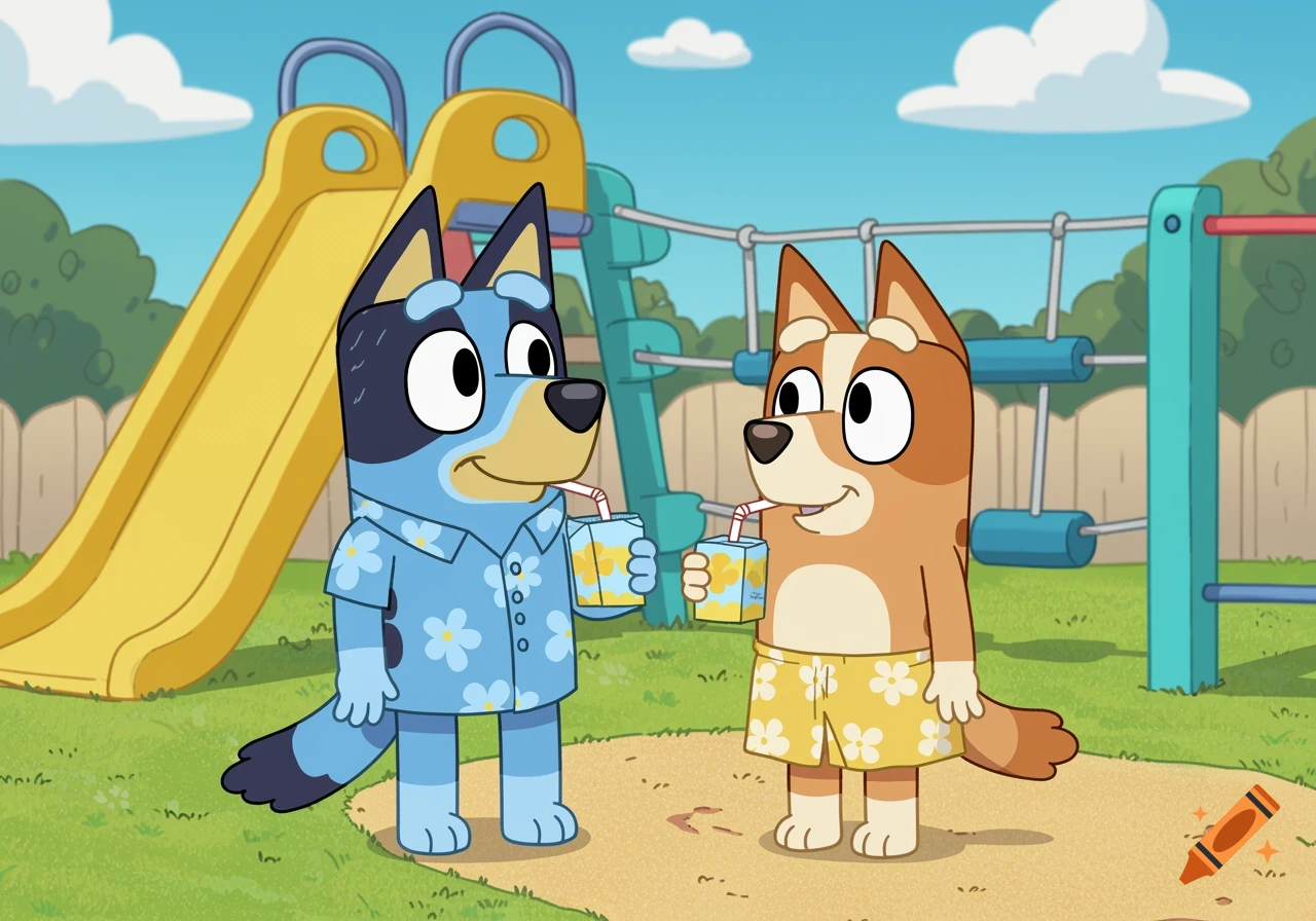Cartoon of Bluey and Bingo holding juice boxes on a playground on Craiyon