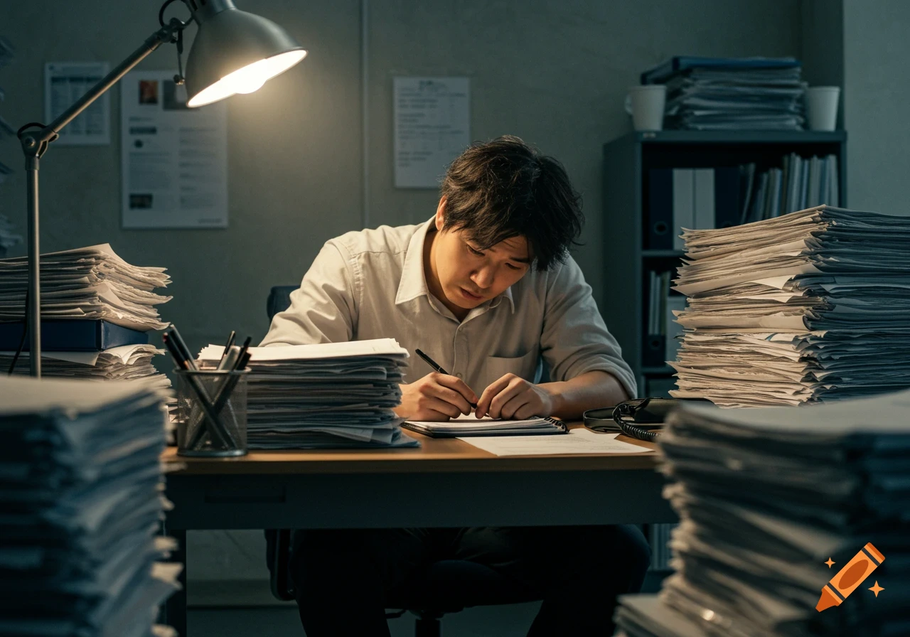 Asian man hunched over desk writing, surrounded by tall stacks of paper ...