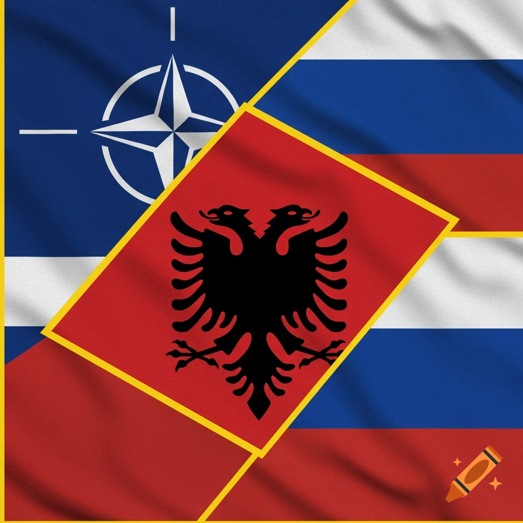 Overlapping flags and symbols of NATO, Russia, and Albania with a yellow border on Craiyon