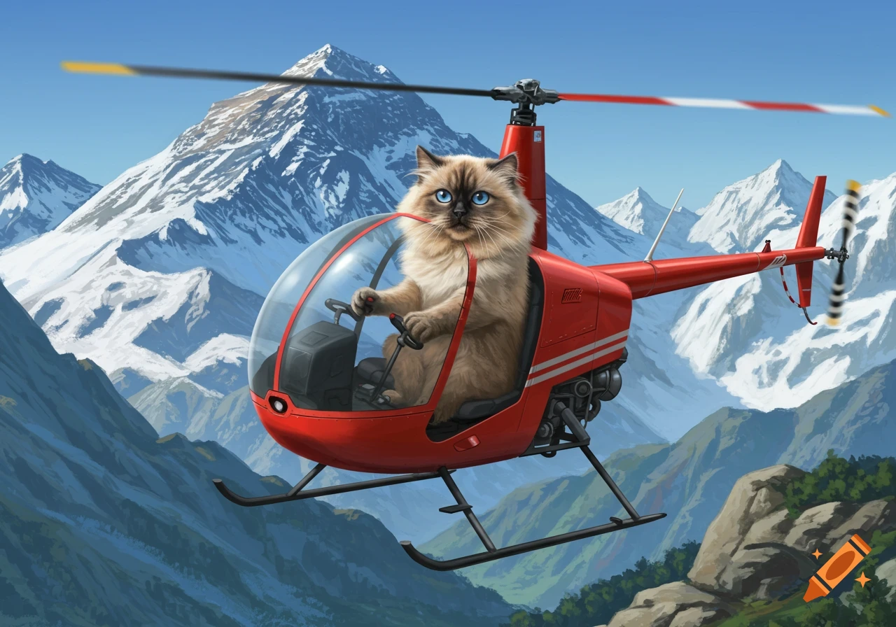 Himalayan cat flying a red helicopter over mountains. on Craiyon