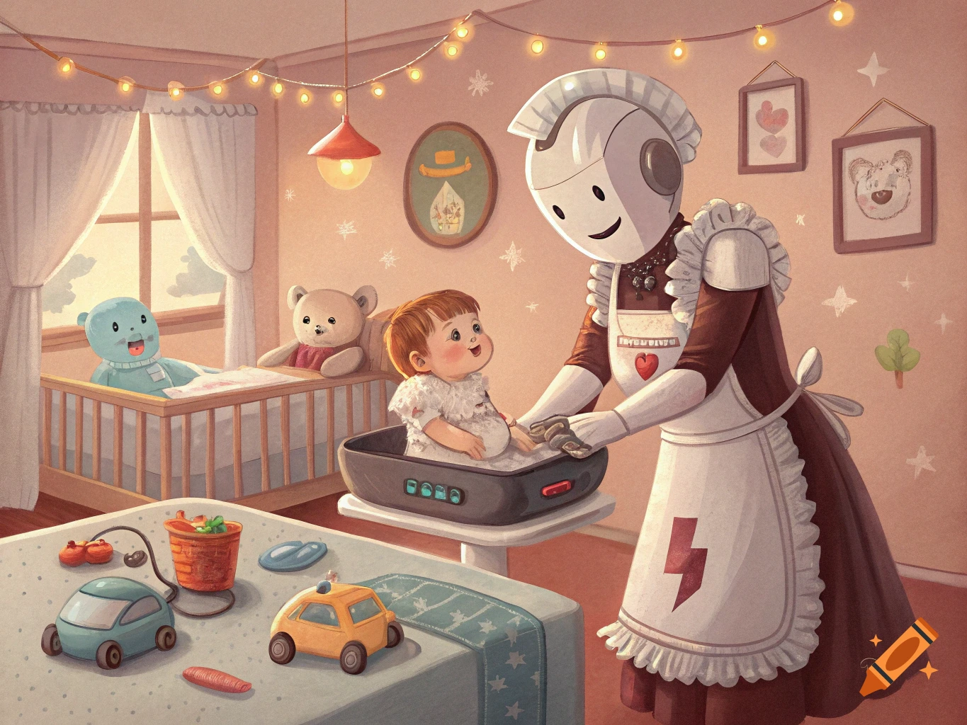 An illustration of a robot maid changing a baby's diaper in a nursery ...