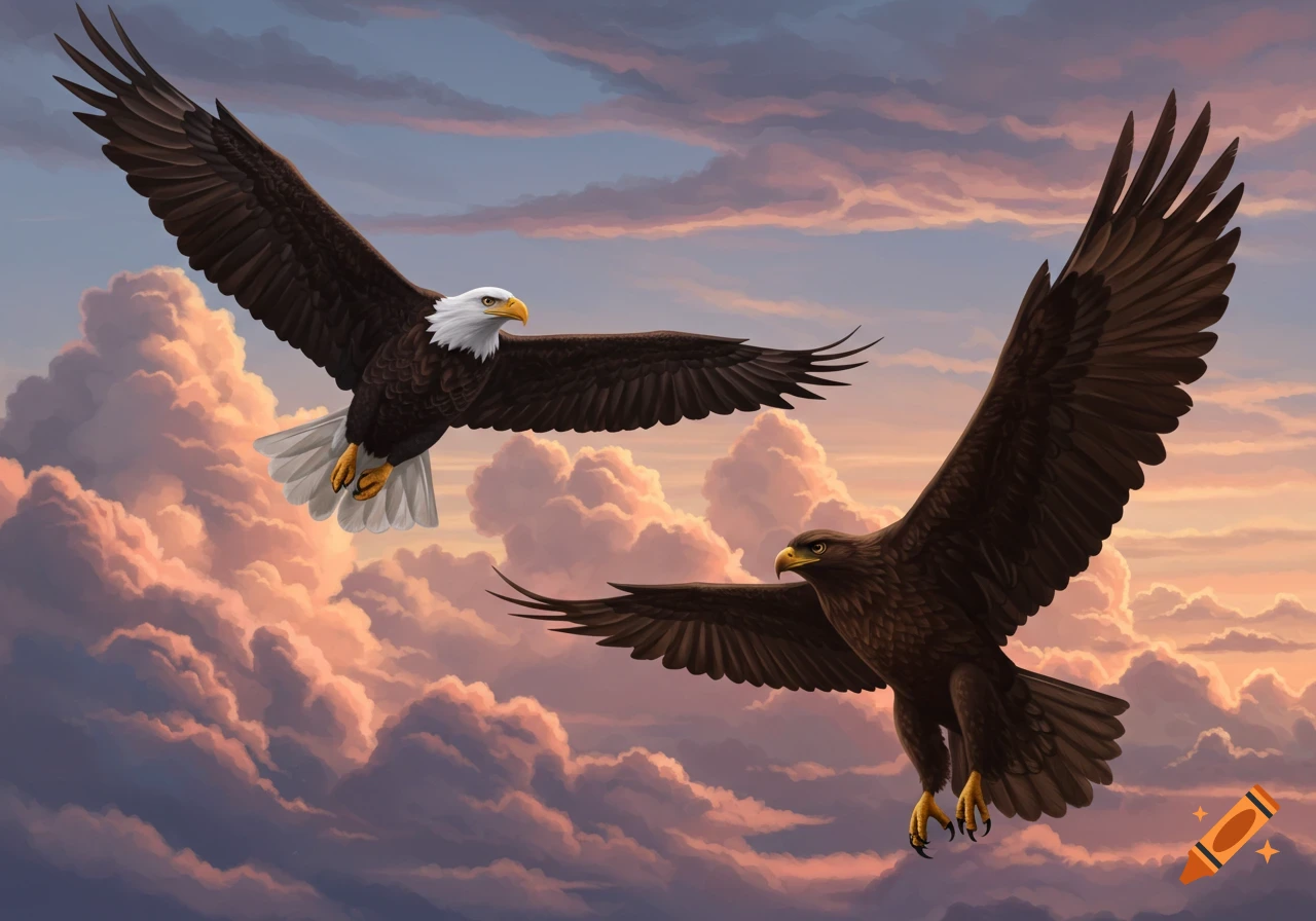 Two eagles fly through pink and orange clouds at sunset. on Craiyon