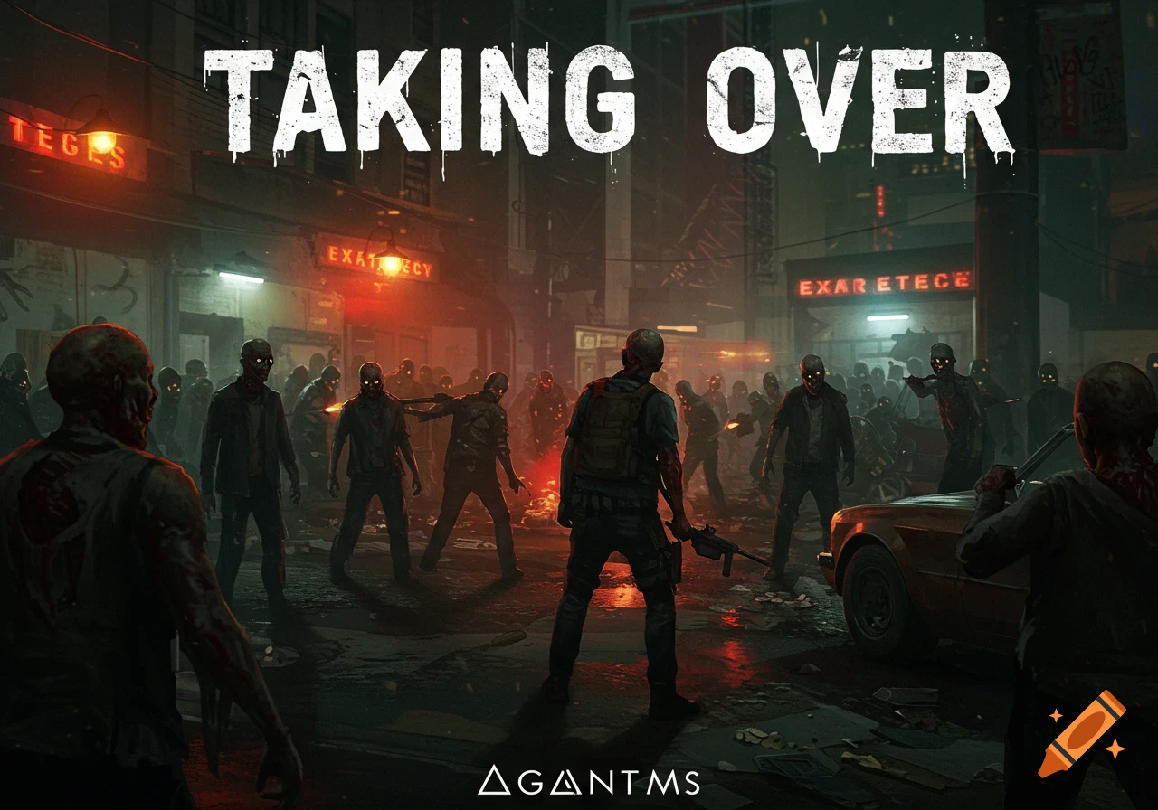 A person fights zombies in a dark, chaotic street. Overlaid text says ...