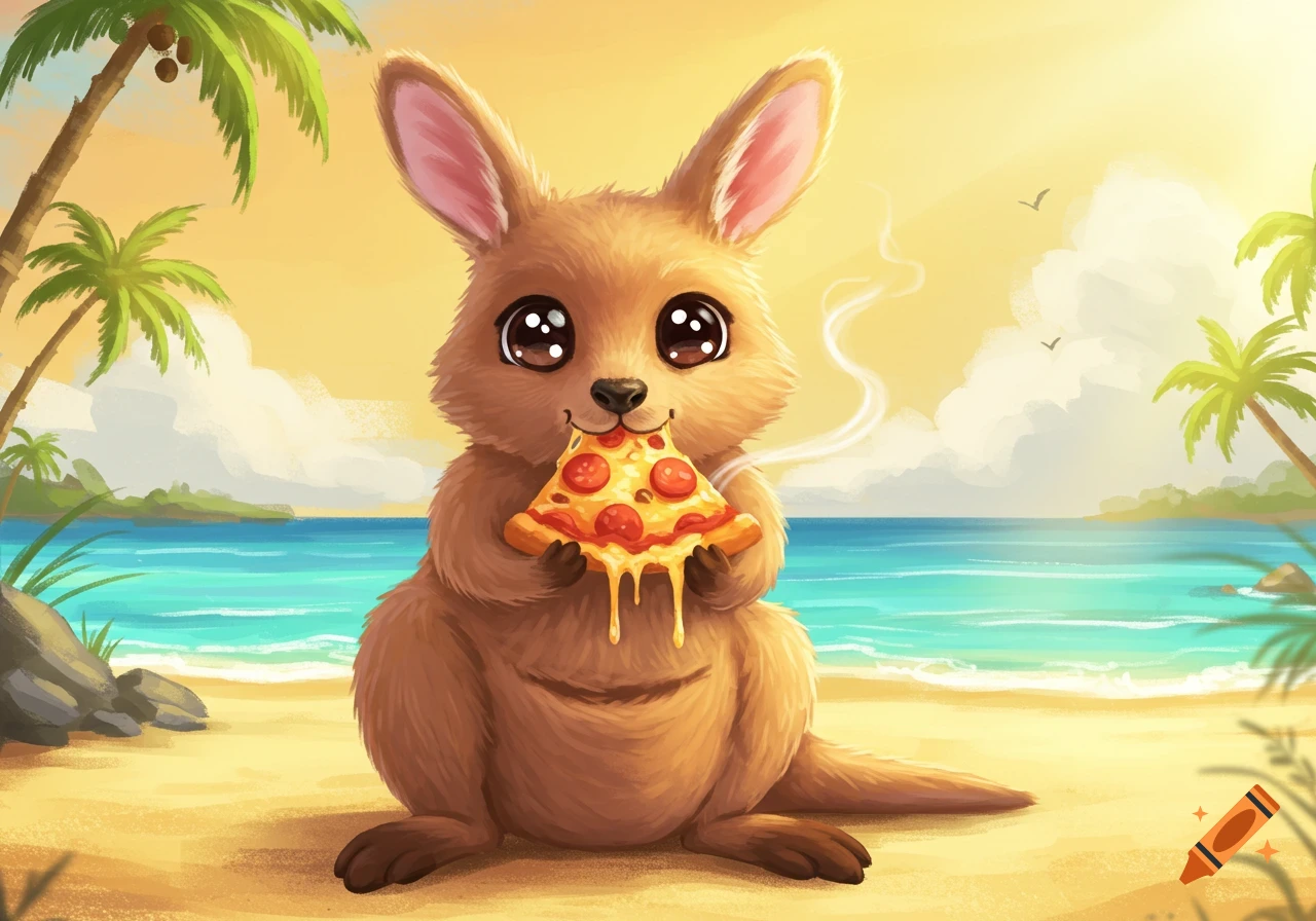 A cute cartoon kangaroo sits on a beach eating a slice of pepperoni ...