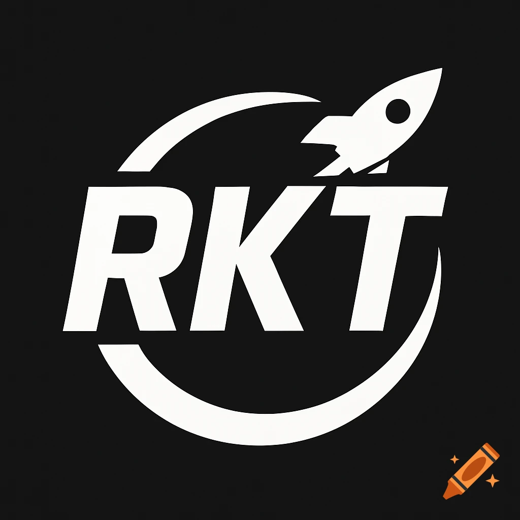 Black and white minimalist logo with letters RKT and a rocket. on Craiyon