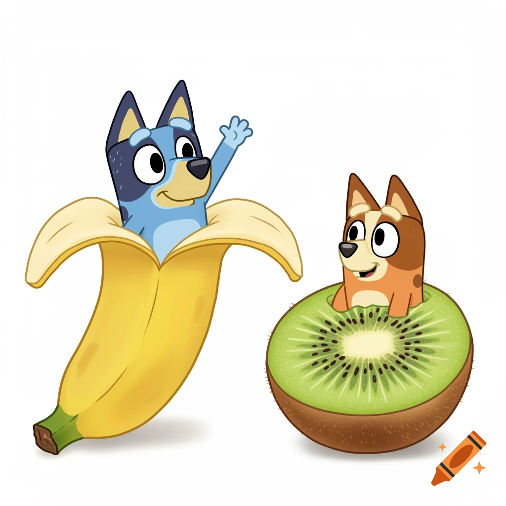 Cartoon of Bluey emerging from a banana and Bingo from a kiwi. on Craiyon