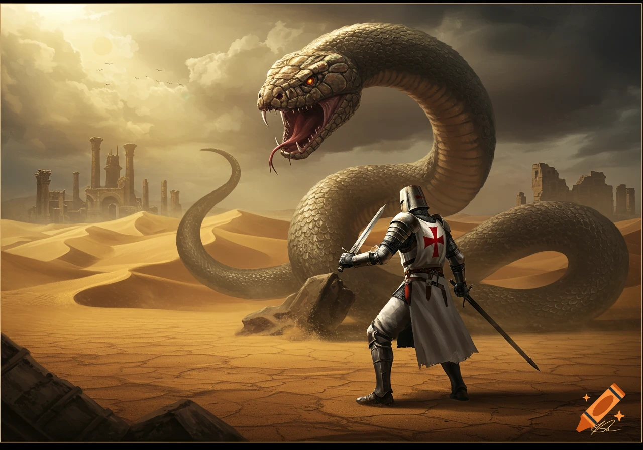 A Templar knight faces off against a giant serpent in a desert with ...