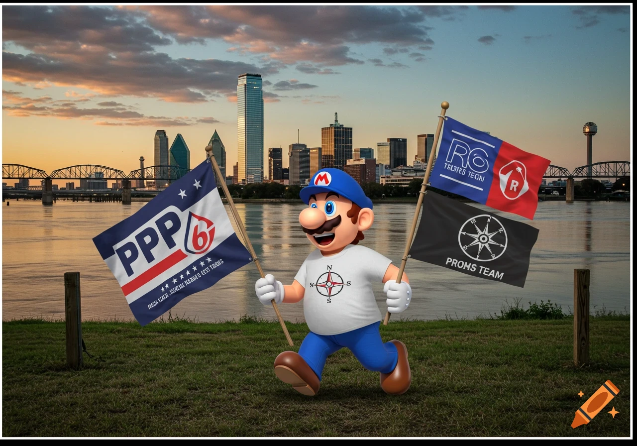 Mario holds flags in front of the Dallas skyline by a river on Craiyon