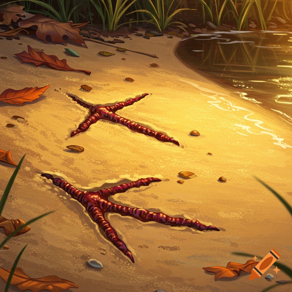 Stylized illustration of large bird tracks (turkey tracks) in sand near ...