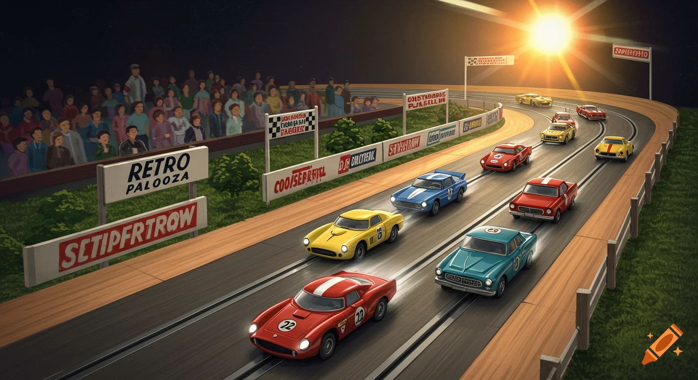 Retro slot cars race on a track with spectators. on Craiyon