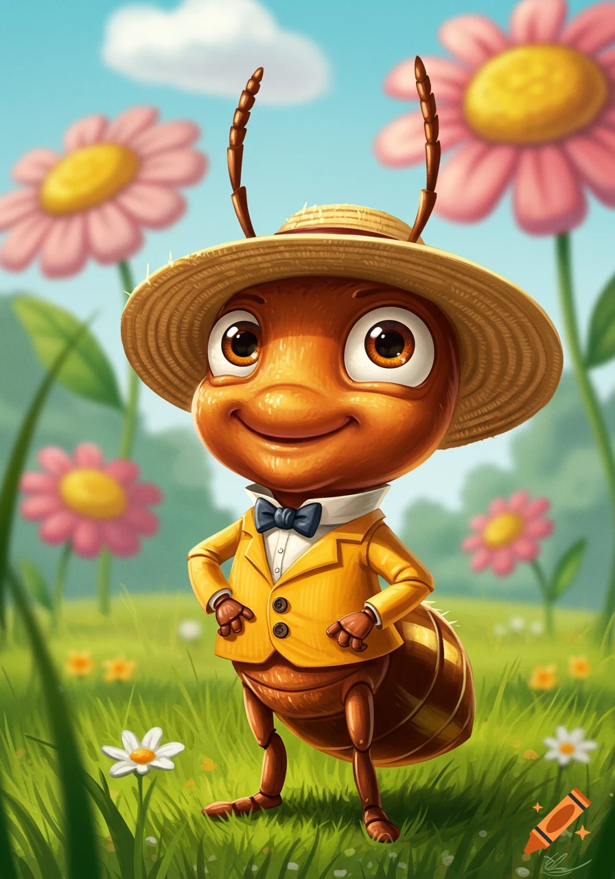 Cartoon ant in a straw hat, yellow suit, and bow tie stands in a field ...