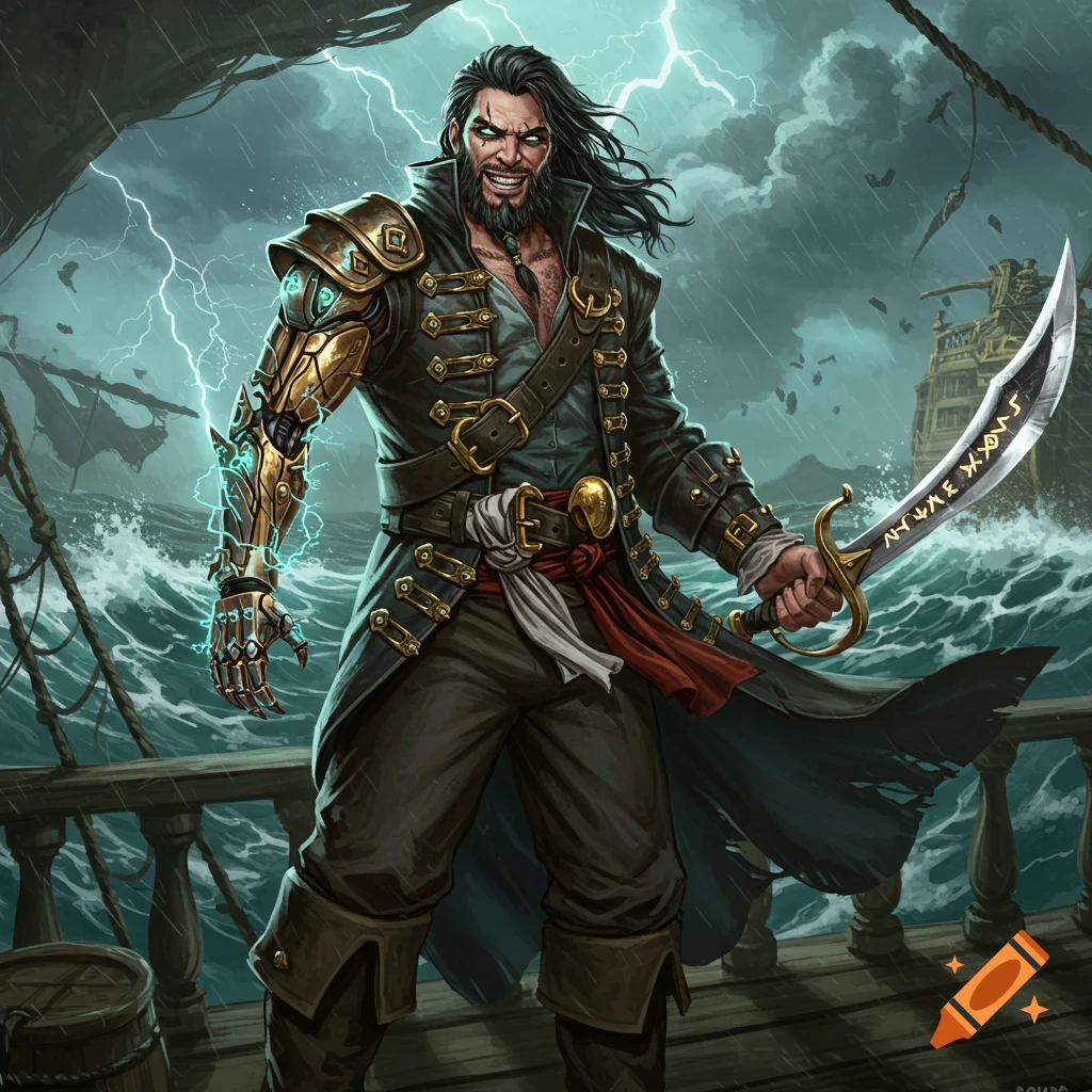 A cyborg pirate stands on a stormy ship deck, holding a sword. on Craiyon