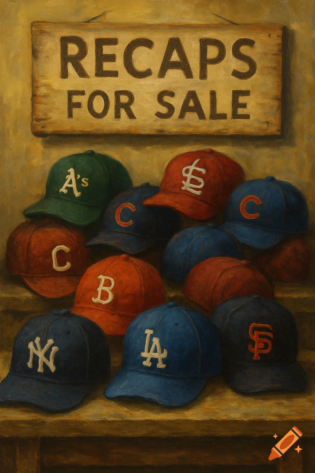 Oil painting of various baseball caps for sale under a sign that reads ...