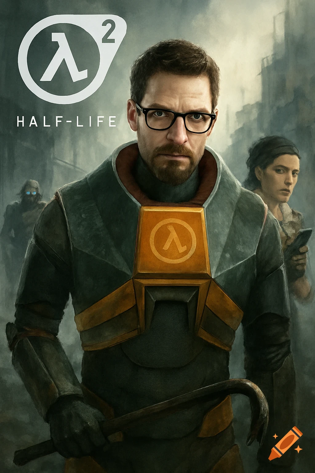 Gordon Freeman from Half-Life 2 in suit, holding a crowbar, with game logo on Craiyon