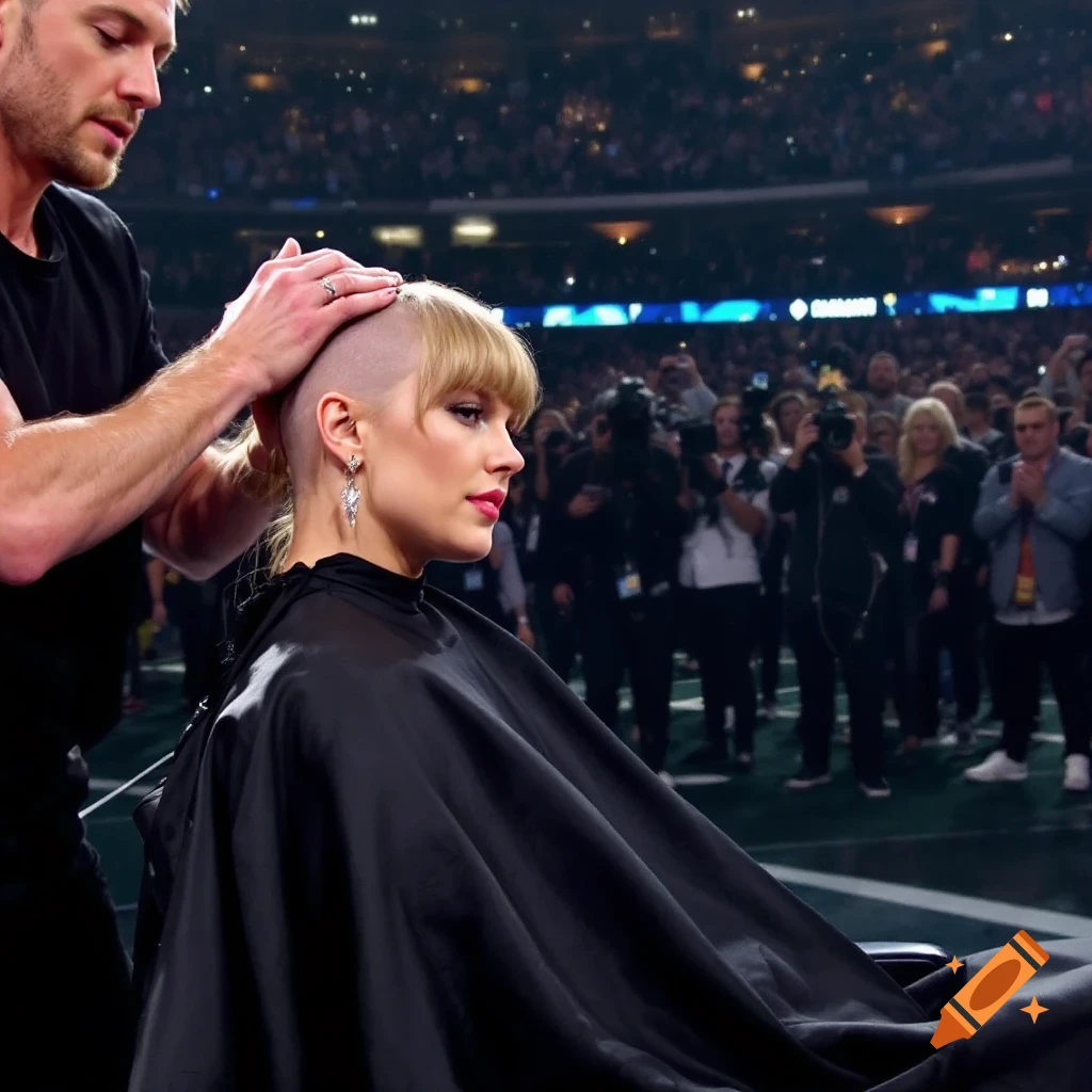 Taylor Swift getting her head shaved by a stylist in a large arena ...