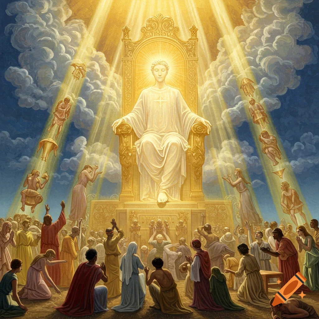 Shining figure on a golden throne in the sky, surrounded by light rays ...