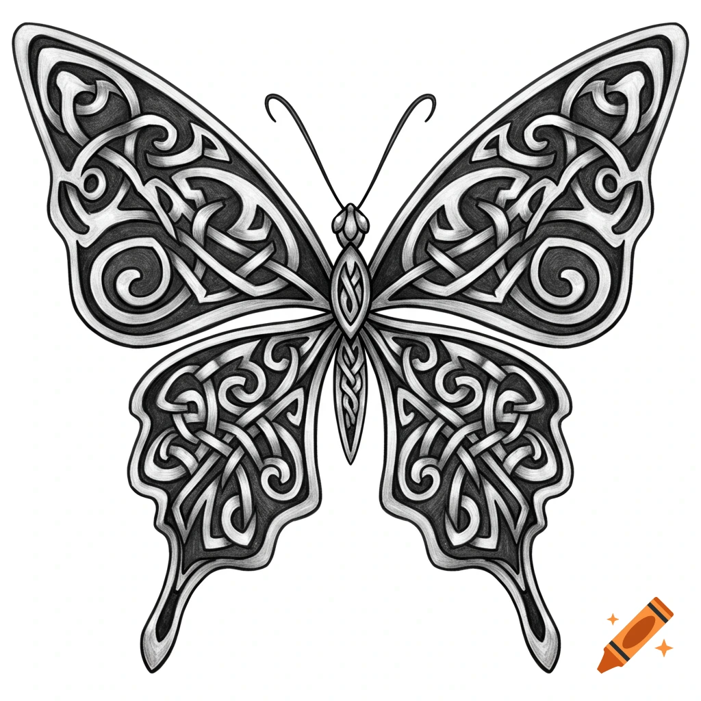A black and white illustration of a butterfly with intricate celtic ...