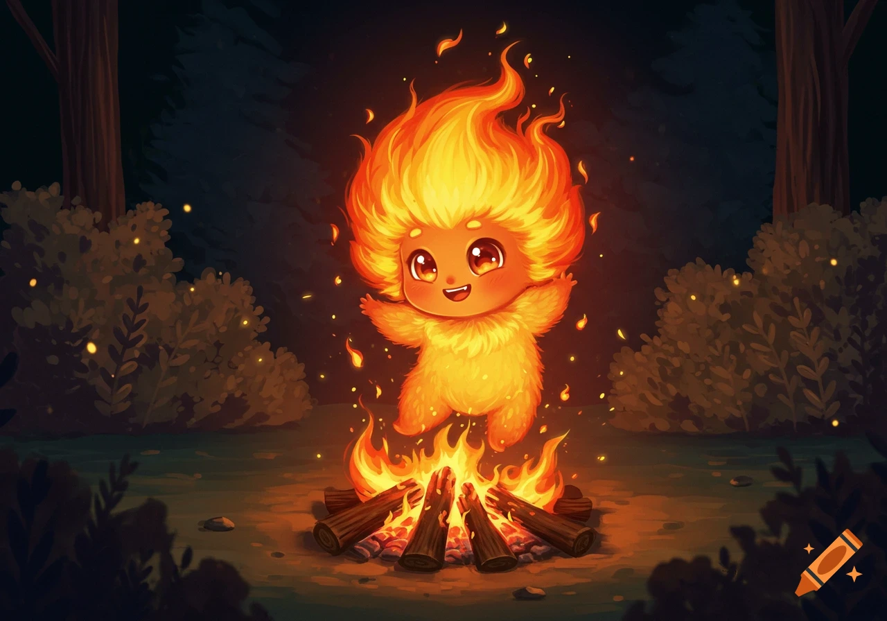 Cute fire spirit creature dancing over a campfire in a forest at night ...