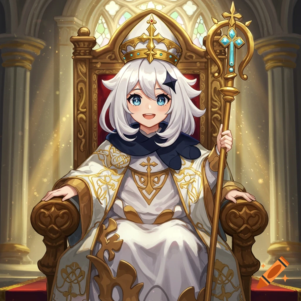 Anime character Paimon from Genshin Impact sits on a throne dressed as ...