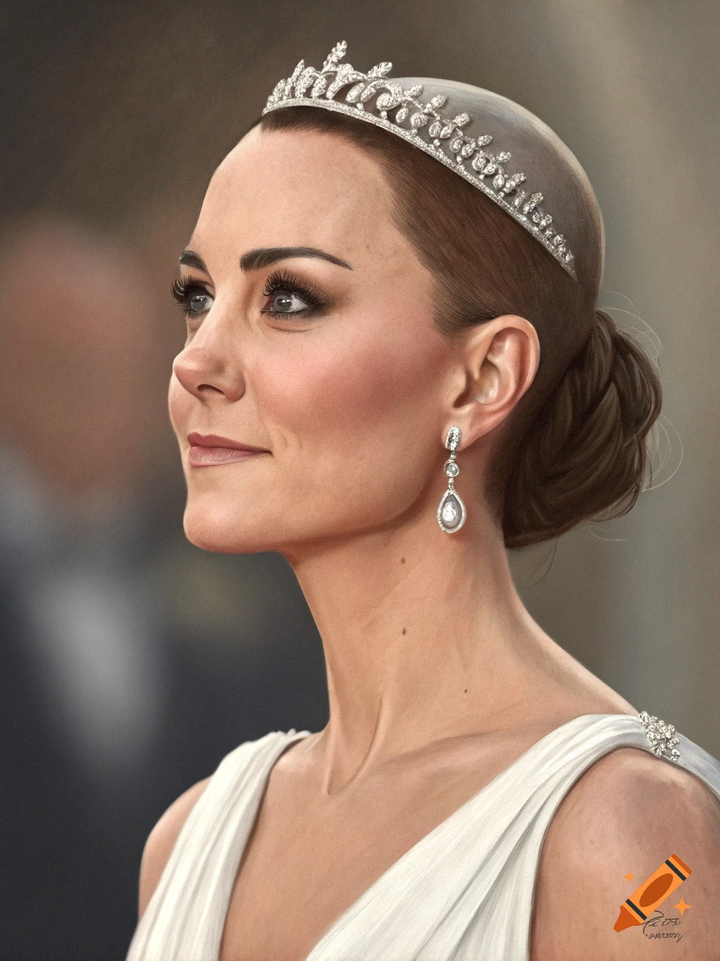 Close-up portrait of Kate Middleton wearing a diamond tiara and ...