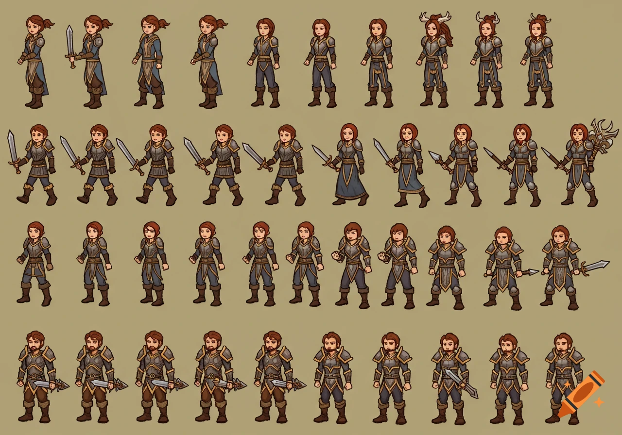 A tilesheet of pixel art fantasy human character sprites in armor. on ...