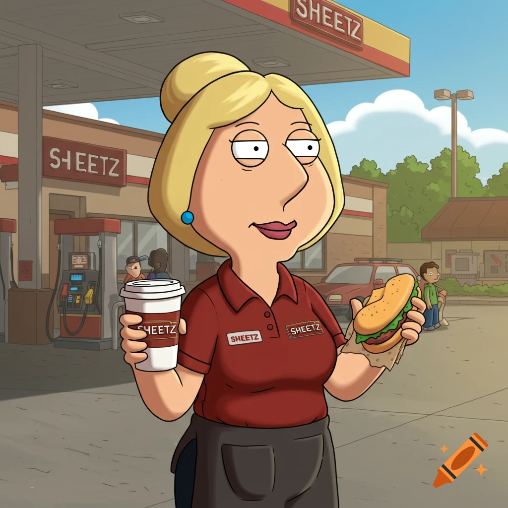 Cartoon of Lois Griffin in Sheetz uniform holding coffee and sandwich ...