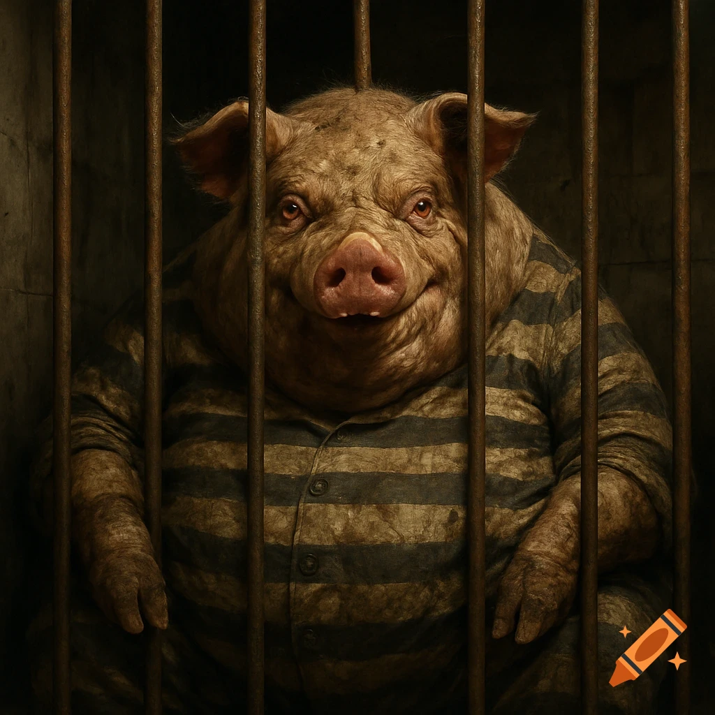 A massive, grotesque pig in a striped jumpsuit grins unsettlingly ...
