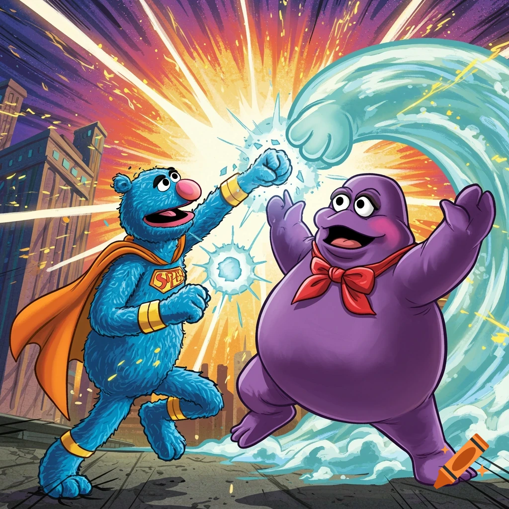 Super Grover punches a purple blob monster controlling a wave in a city ...