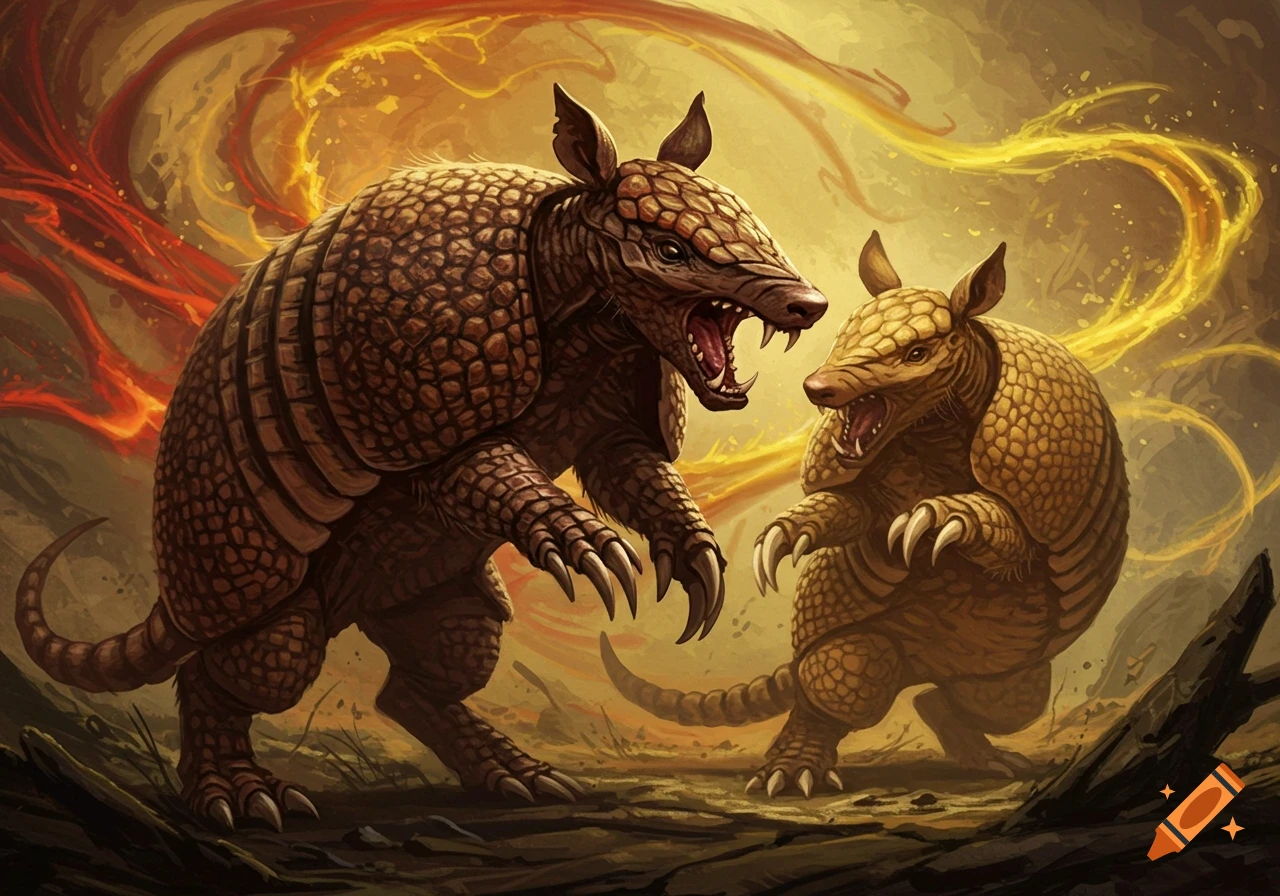Two large, aggressive armadillos fight in a stylized fantasy illustration with swirling energy ...