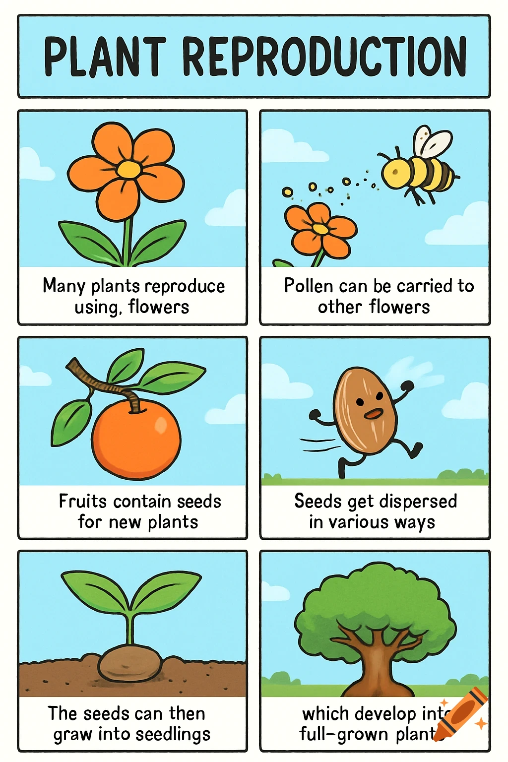 Cartoon comic strip illustrating plant reproduction in 6 panels ...