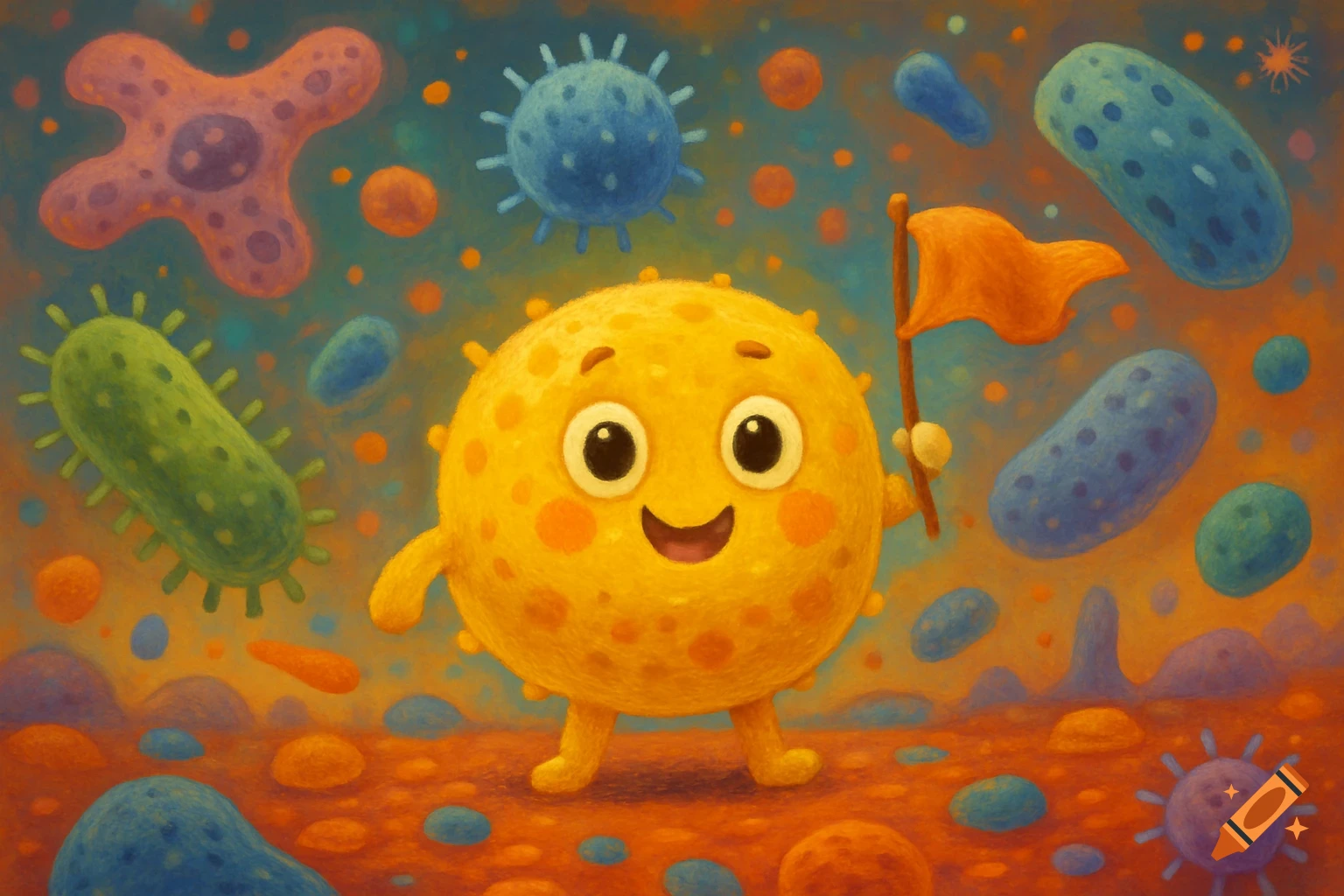 A cute yellow cartoon microbe holds an orange flag, standing in a ...