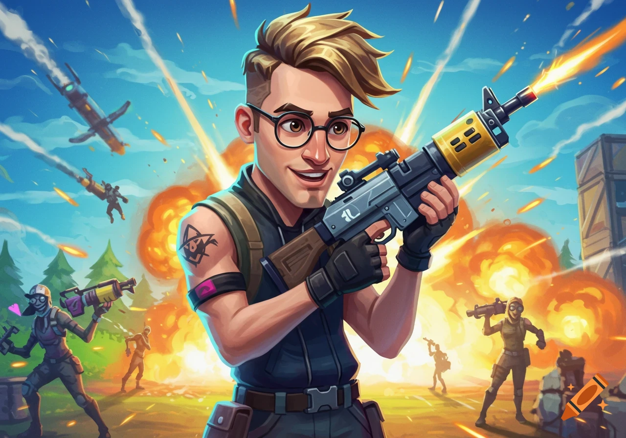 Cartoon character holding a rifle in a stylized battle scene with ...