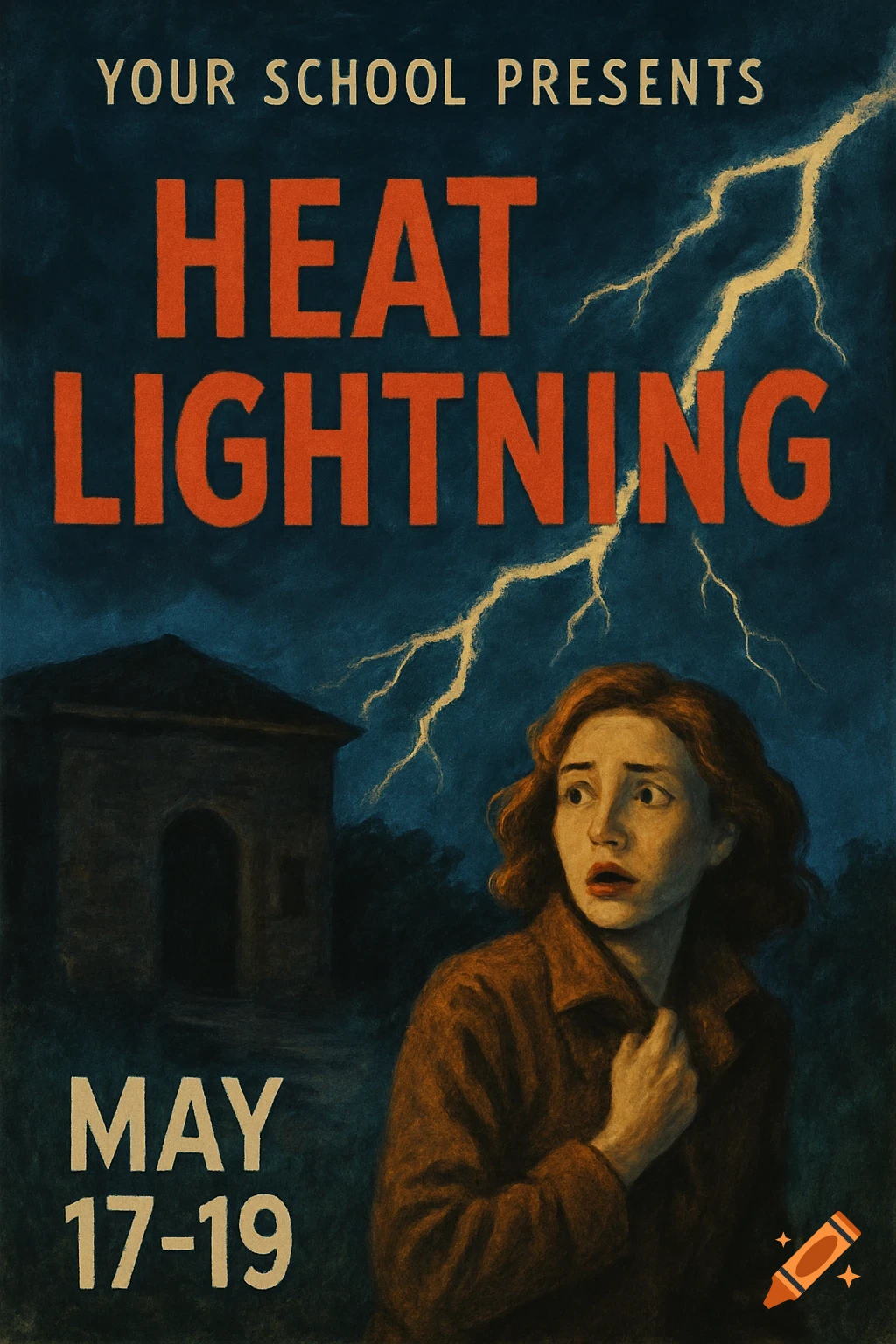 Vintage play poster for Heat Lightning shows a scared woman against a stormy sky with lightning ...