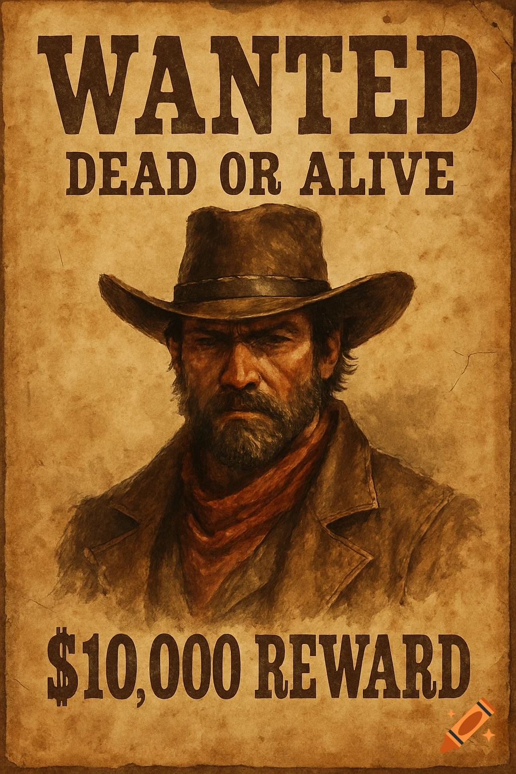 Vintage western wanted poster for a stern cowboy, with text 'WANTED ...