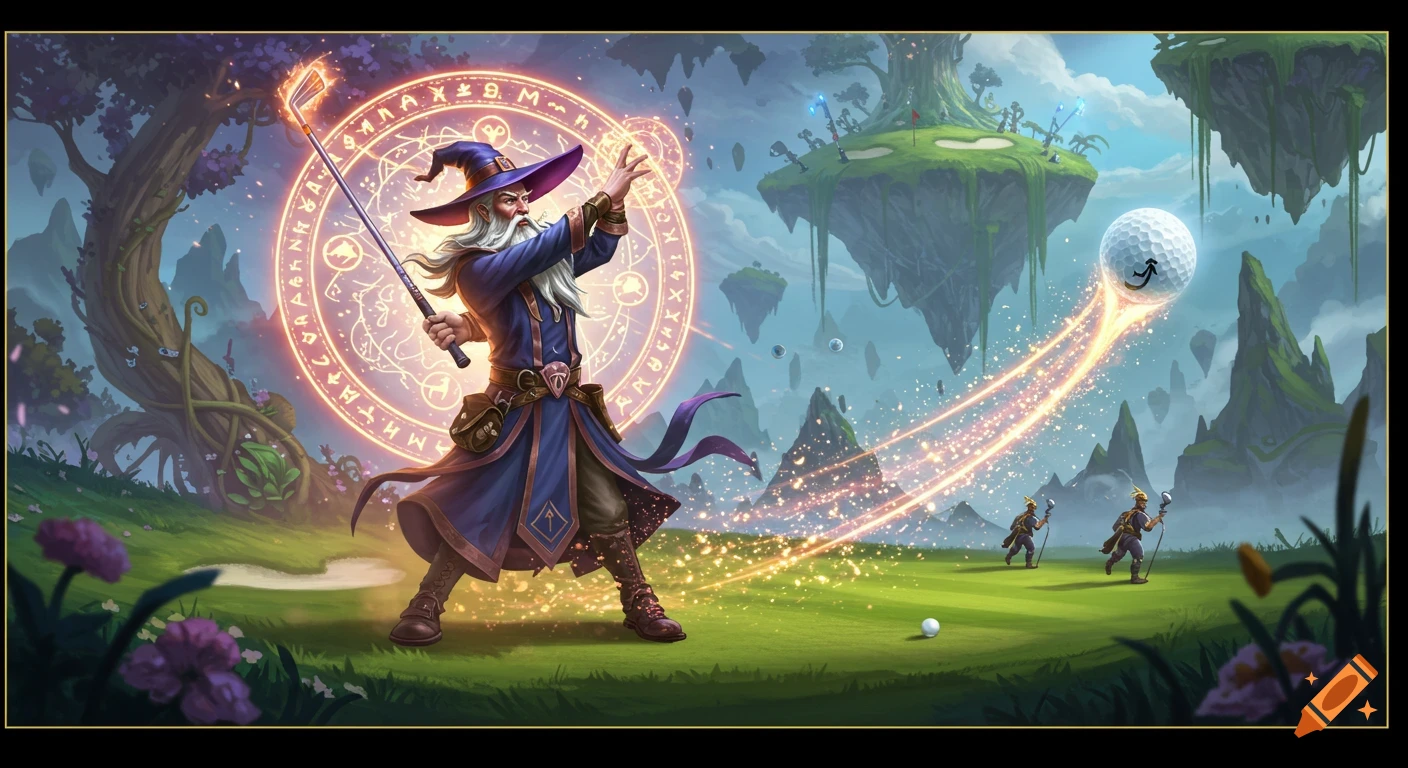 An epic fantasy illustration of a wizard playing golf in a landscape ...