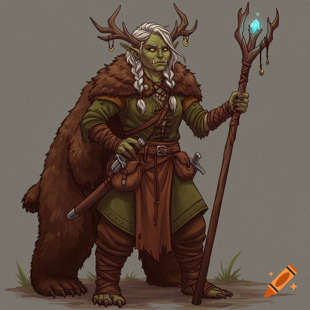 Illustration of a half-orc druid wearing a bear pelt, holding a staff ...