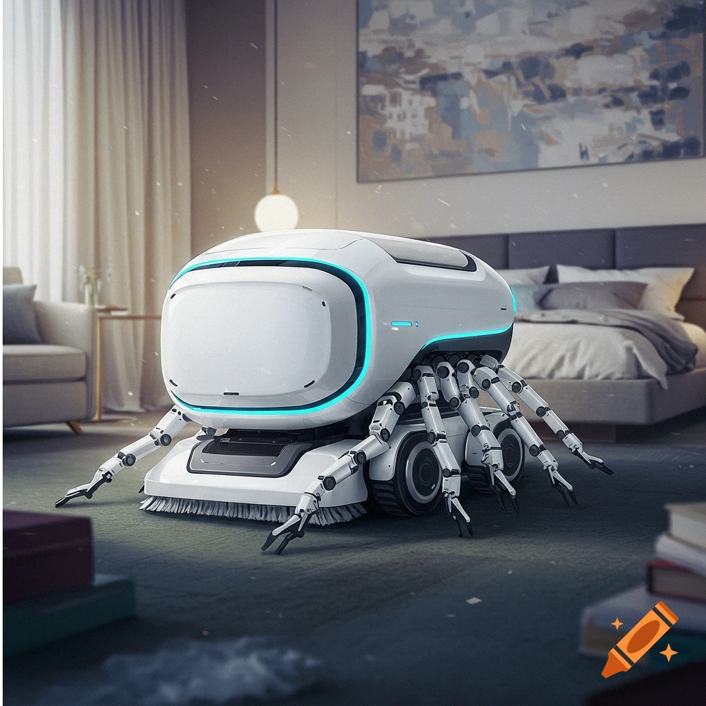 A white futuristic robot with multiple legs and brushes cleans a ...