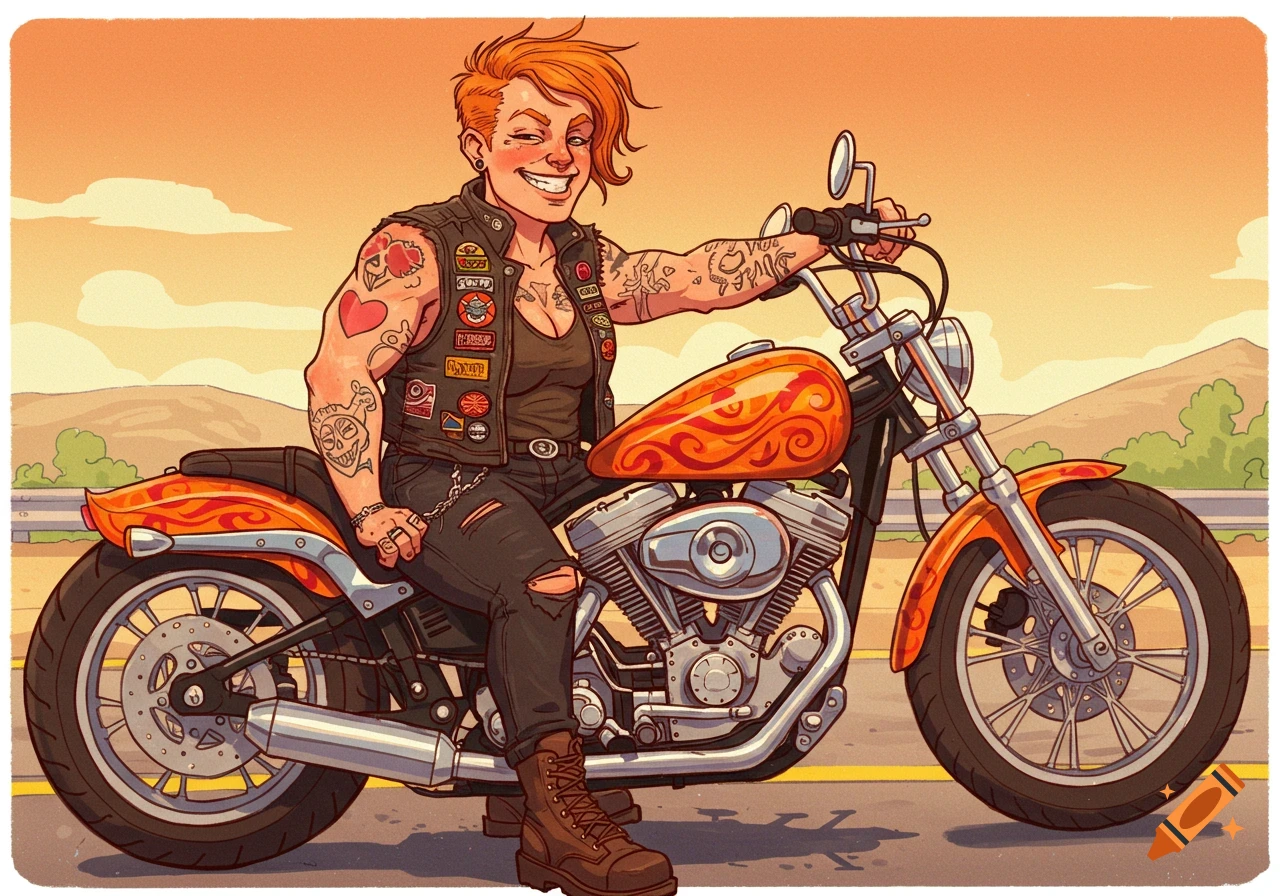 Illustration of a red-haired, tattooed woman biker with a vest, smiling ...