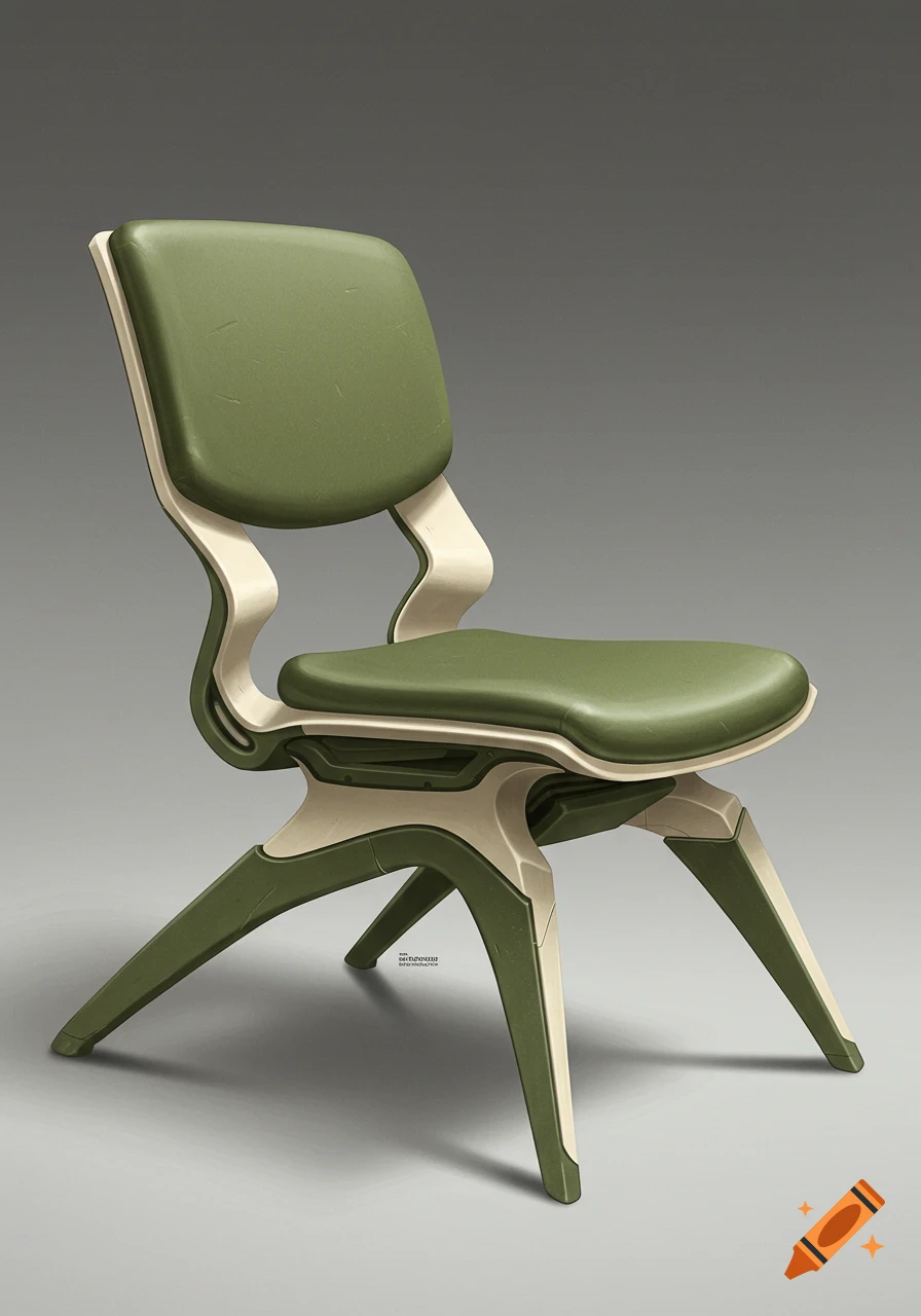 A chair with a unique curved, layered frame and olive green padded seat ...