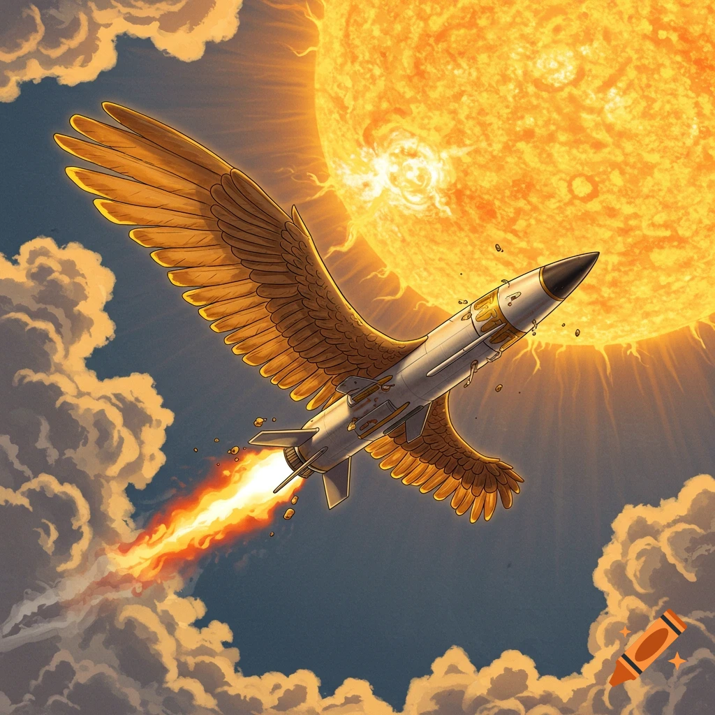 Illustration of a winged missile flying towards the sun through clouds ...