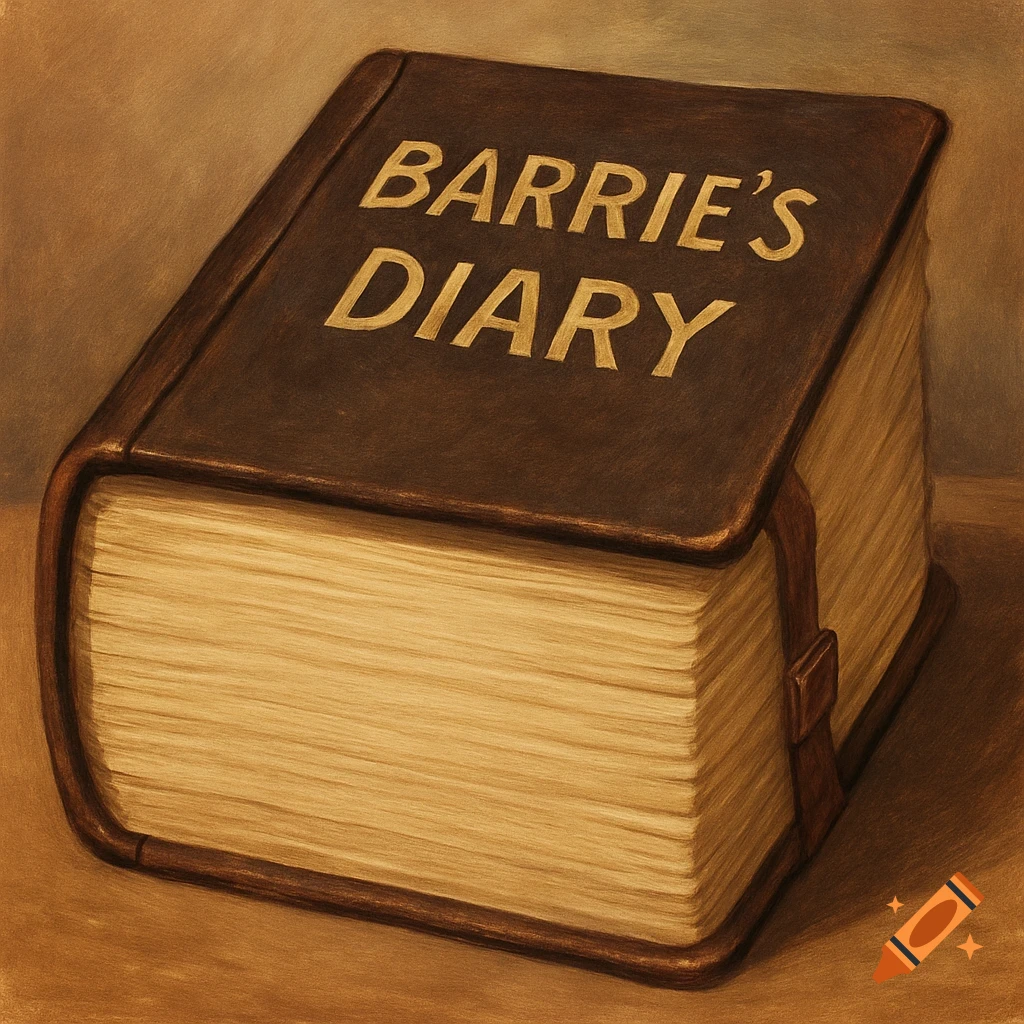 A thick brown book with 'BARRIE'S DIARY' in gold letters on the cover ...
