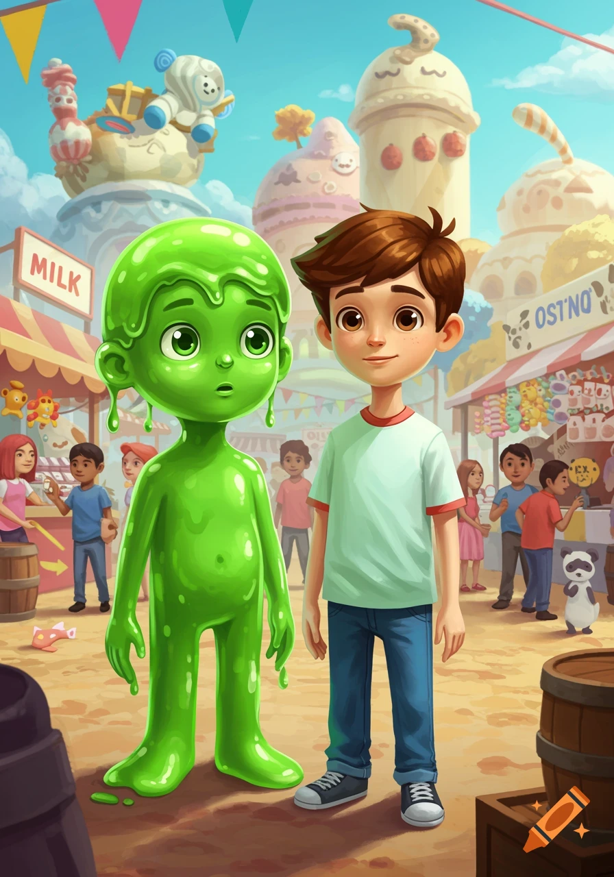 Two cartoon boys, one green goo, stand at a bright festival with stalls ...
