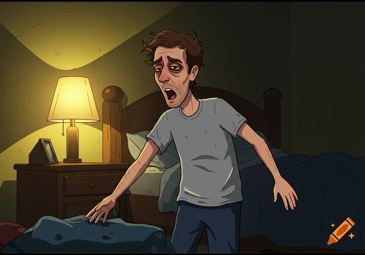 Cartoon animation of a very tired man waking up in bed. on Craiyon