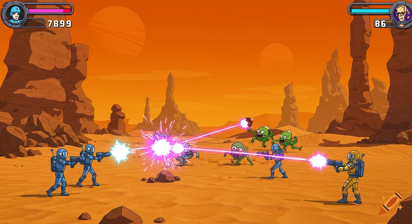 Cartoon video game scene of astronauts shooting aliens on a desert ...