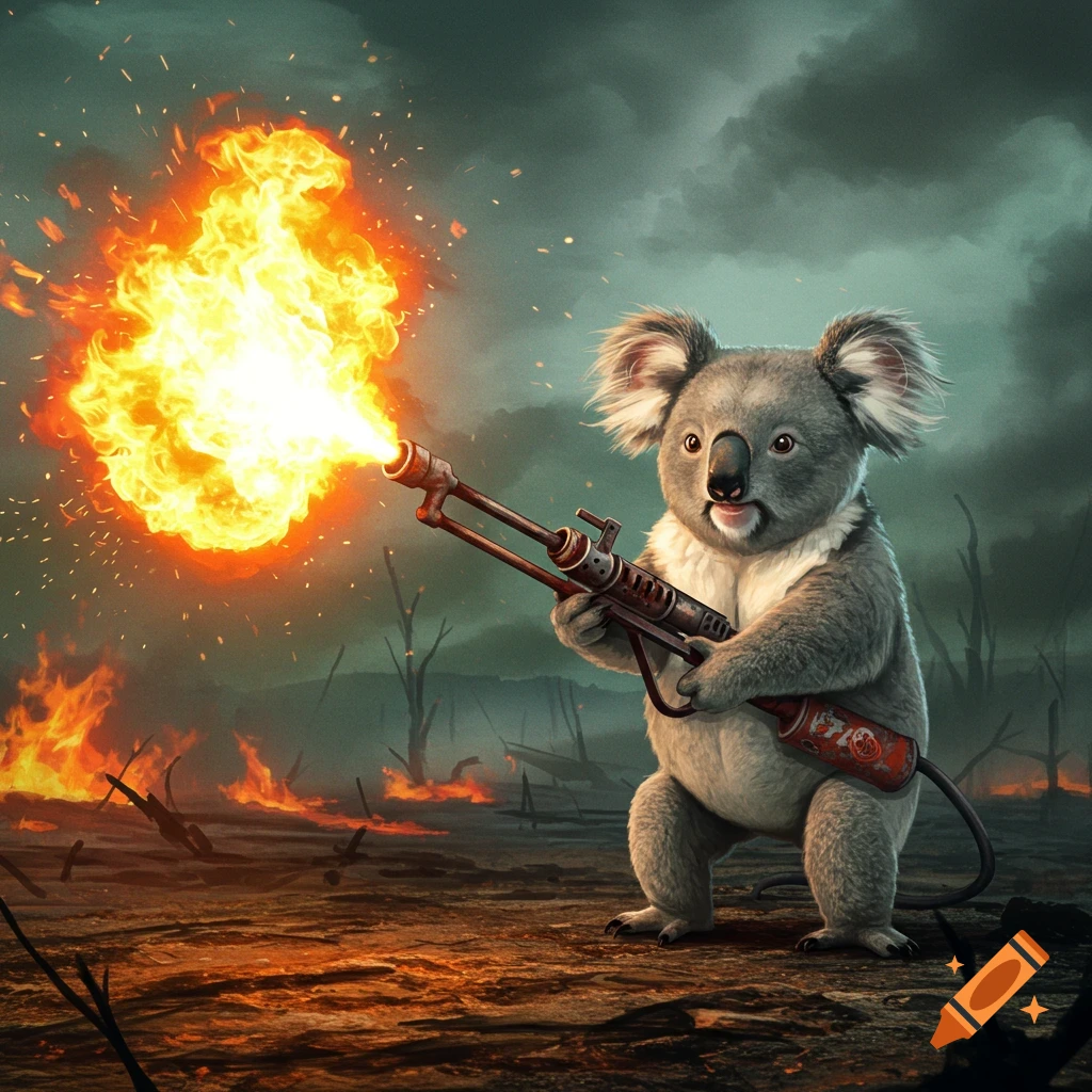 A koala bear shoots a stream of fire from a flamethrower in a burnt ...