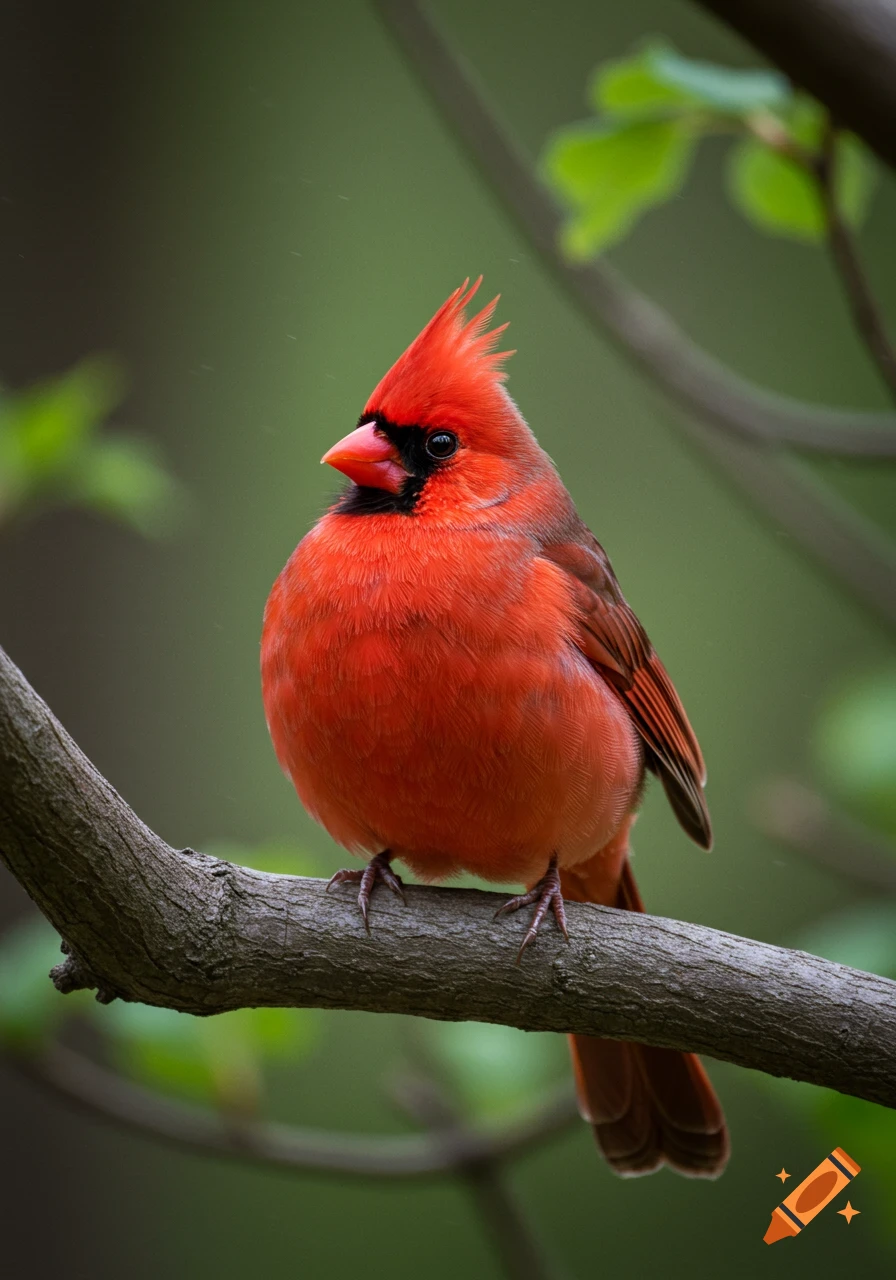 A close-up photograph of a bright red cardinal perched on a branch. on ...